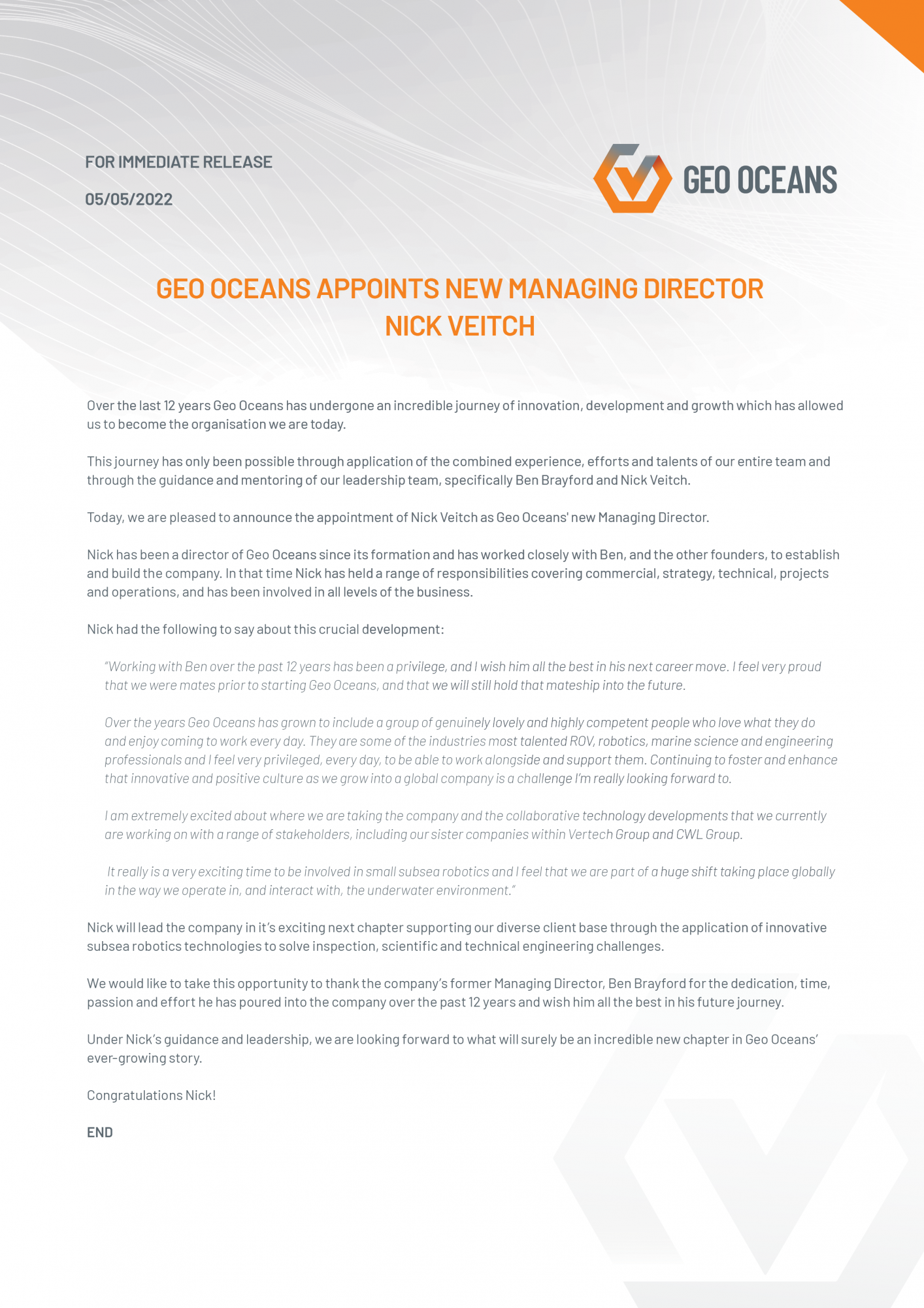 Geo Oceans Appoints New Managing Director Nick Veitch | Geo Oceans